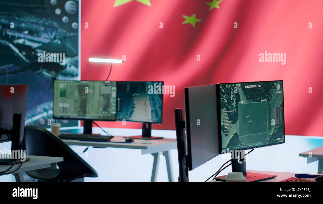 Empty chinese army power base control room using radar cctv to monitor ...