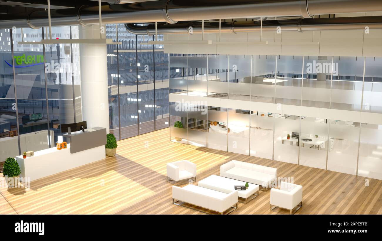 High end corporate lobby with a modern reception desk and spacious ...