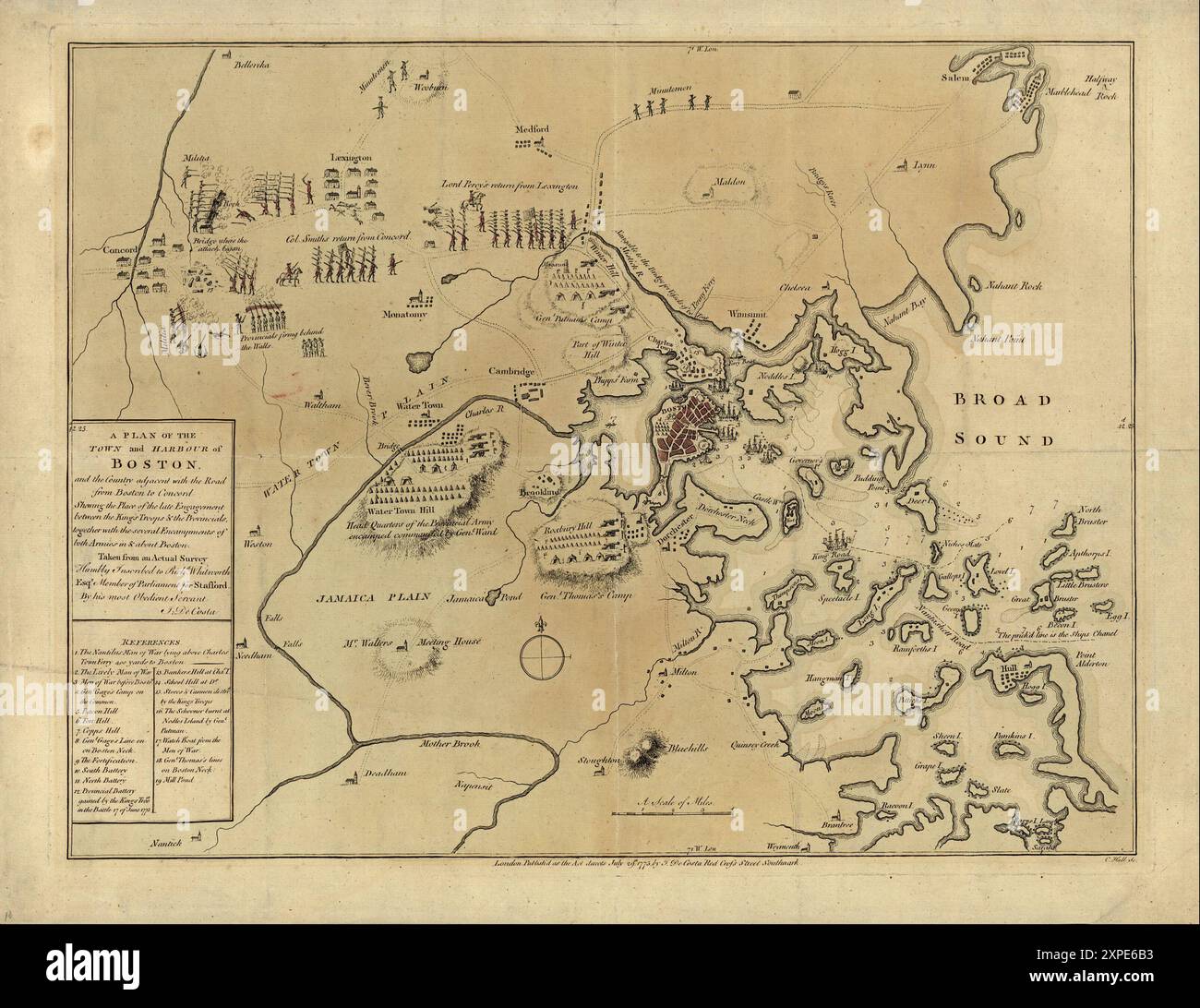 Vintage hand-colored map depicting the 1775 Battles of Lexington and ...