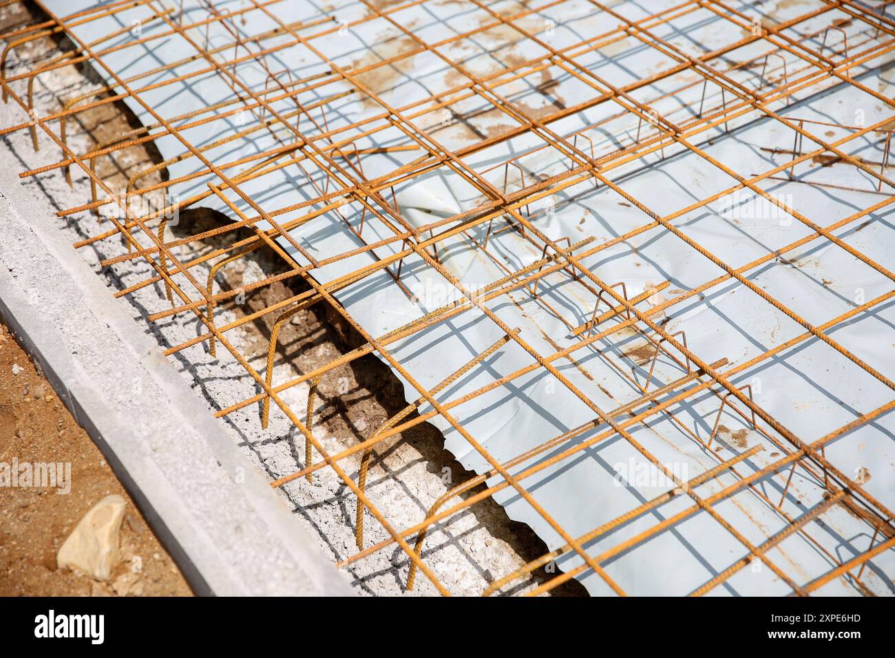 Reinforcing steel wire mesh on the ground of a construction site Stock ...