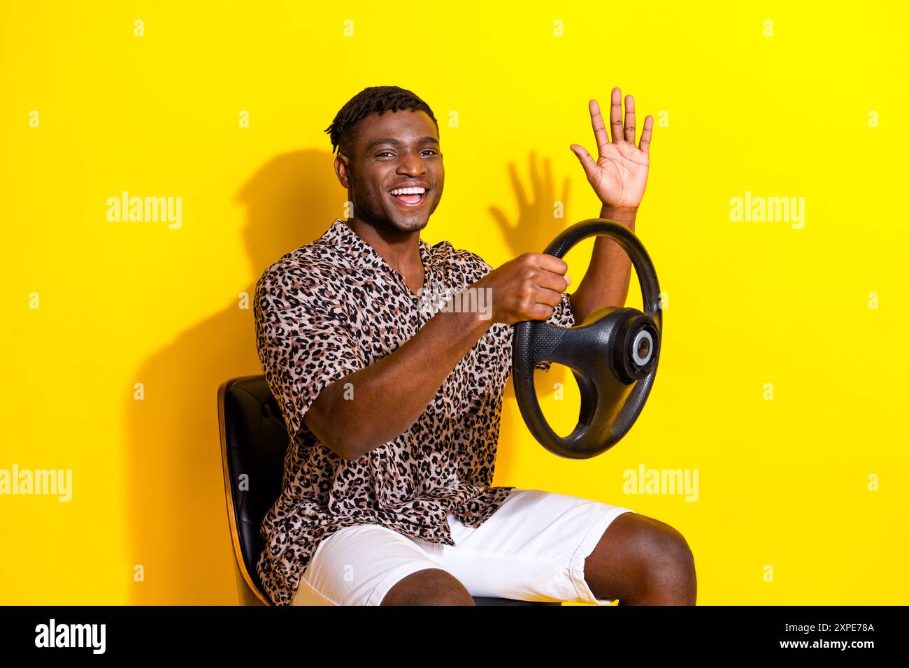 Photo of good mood confident driver wear trendy clothes drive own car ...