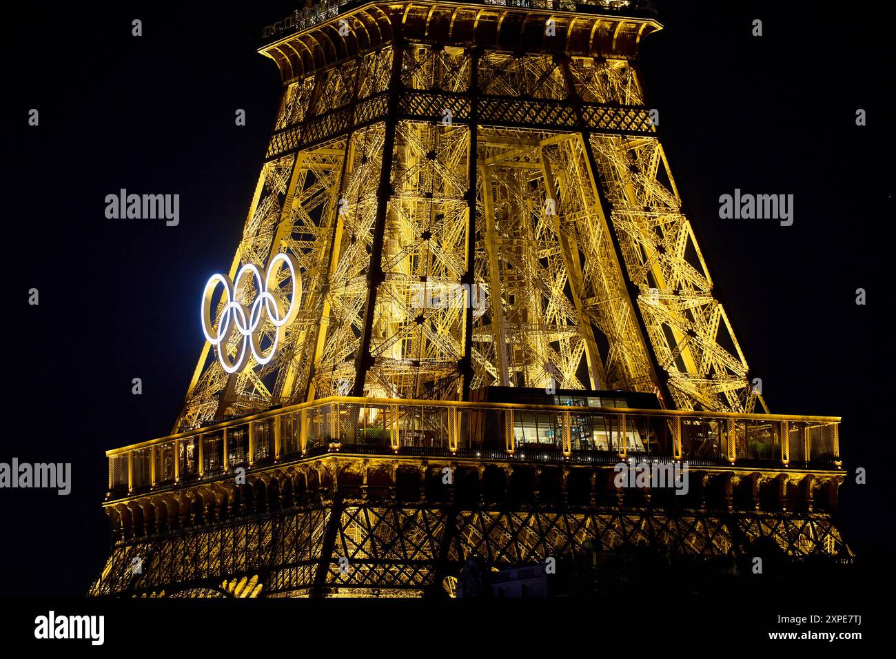 Olympic Rings adorn the Eiffel Tower, on the tenth day of the 2024 ...
