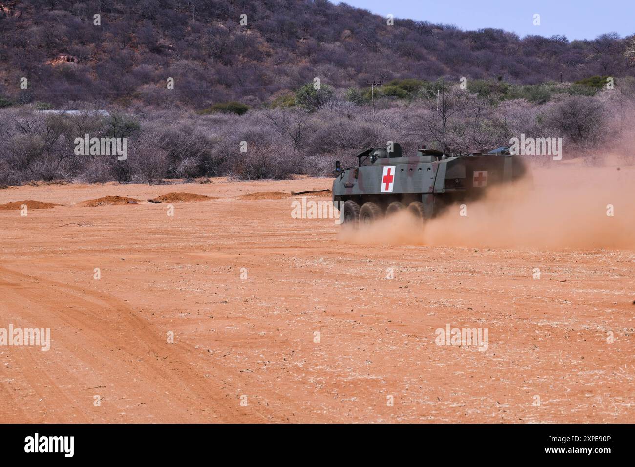 A Botswana Defence Force medical armored personnel carrier evacuates a ...