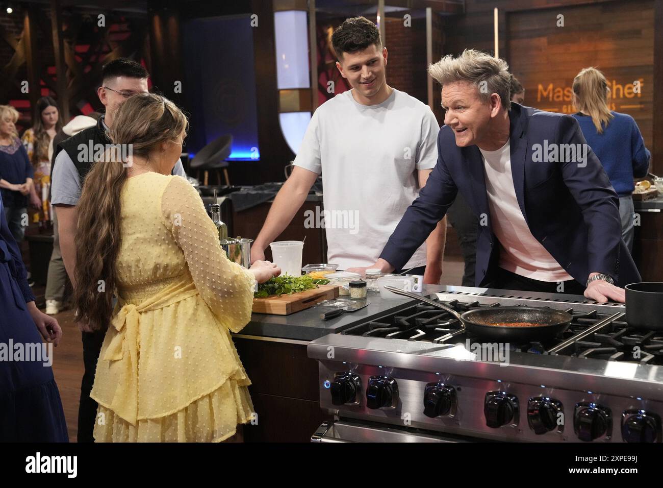 MASTERCHEF, from left: Contestants, guest judge Nick DiGiovanni, host ...