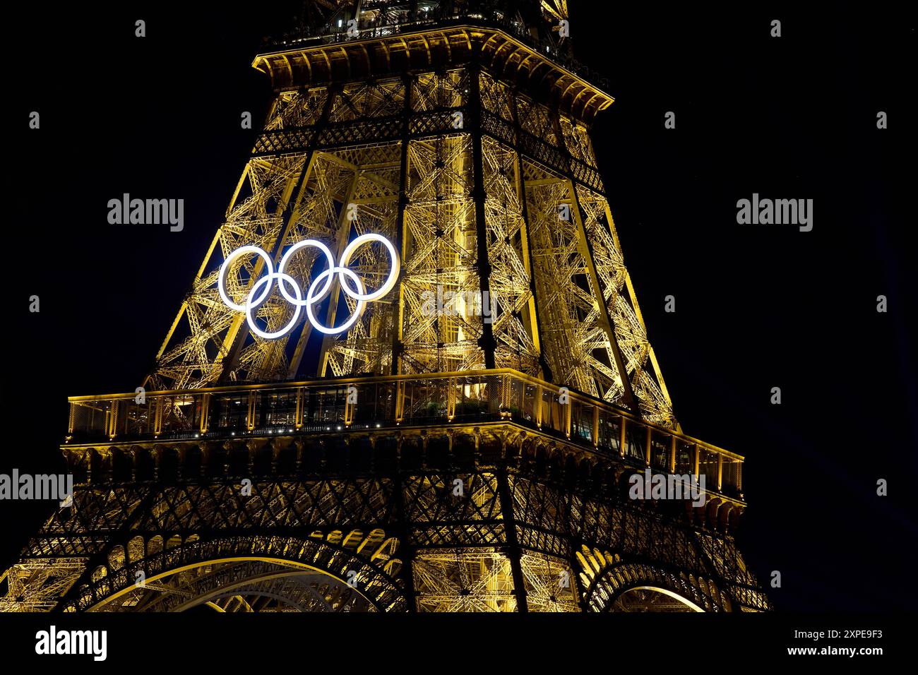Olympic Rings adorn the Eiffel Tower, on the tenth day of the 2024 ...