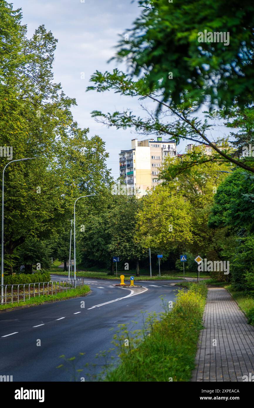 Curved Urban Road Surrounded by Lush Greenery and Tall Buildings in ...
