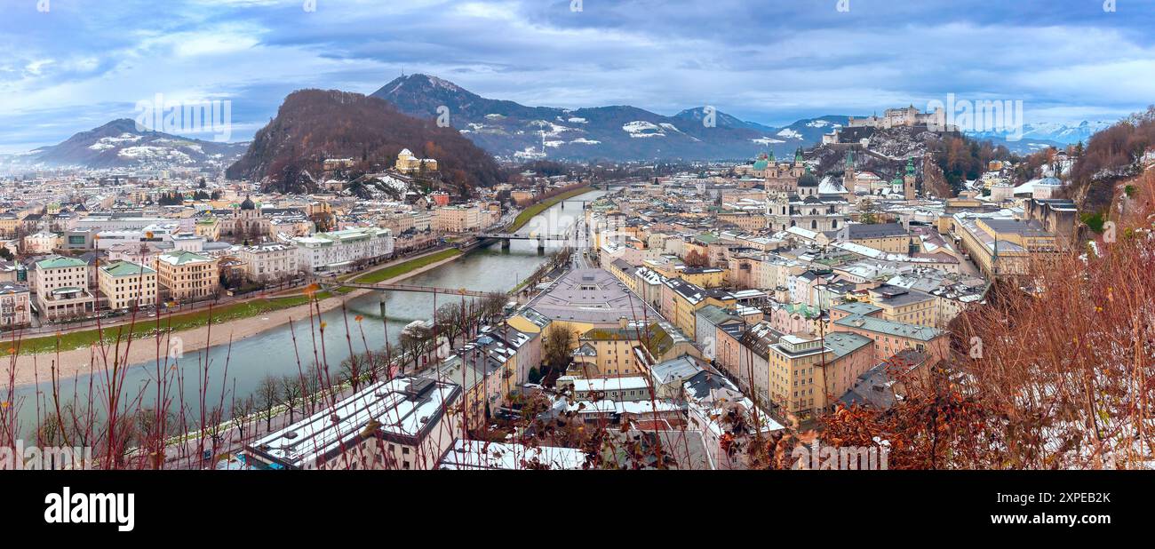 Aerial winter panorama of Salzburg, Austria with Hohensalzburg Fortress ...