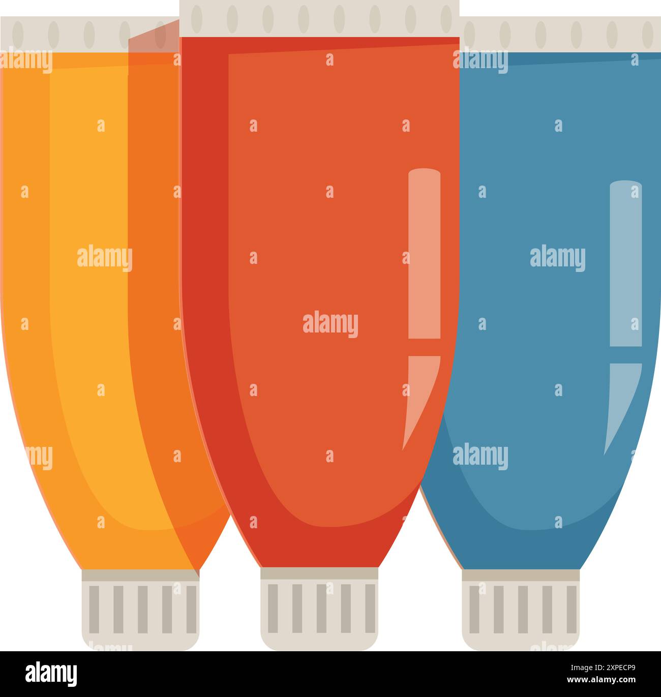 Three tubes of paint in primary colors, red, yellow, and blue, ready ...