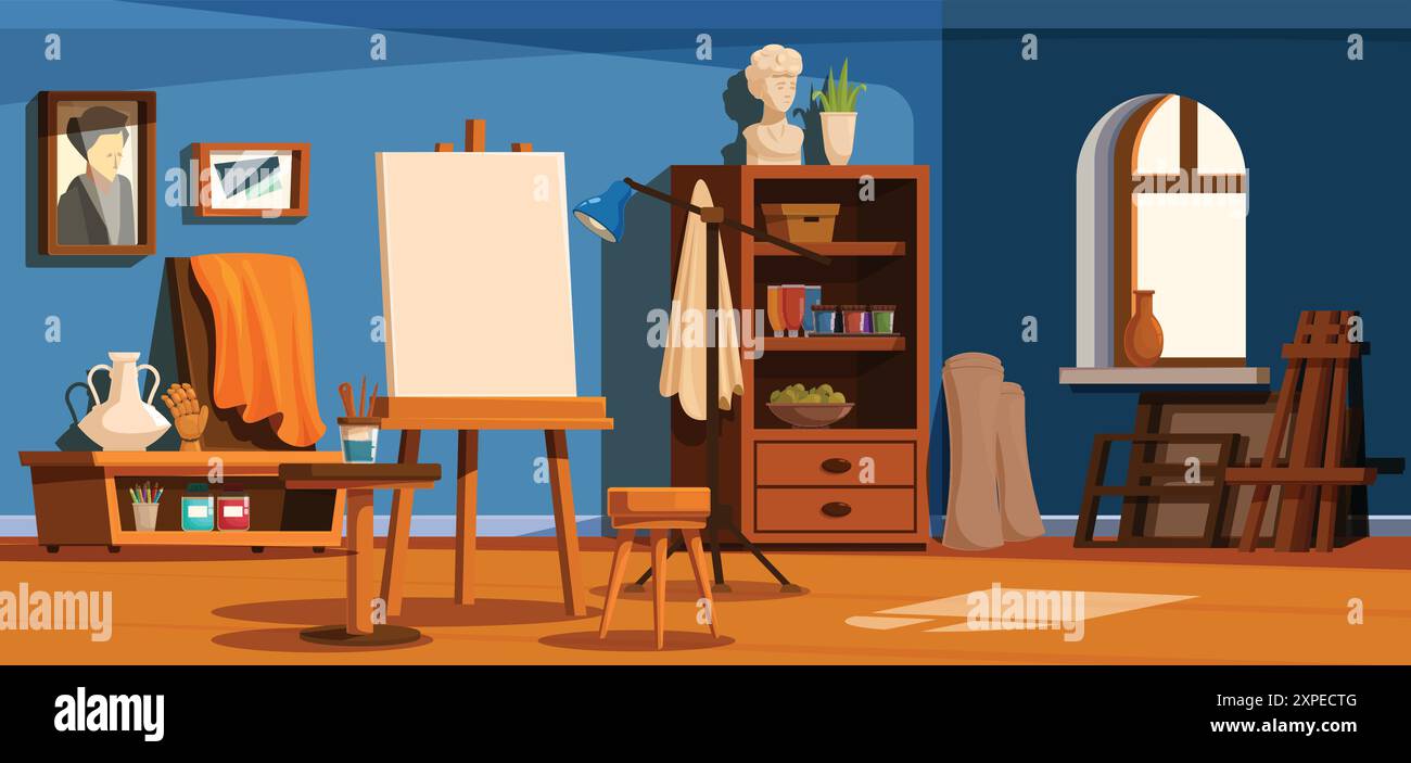 Art studio interior with an empty easel and painting tools, bathed in ...