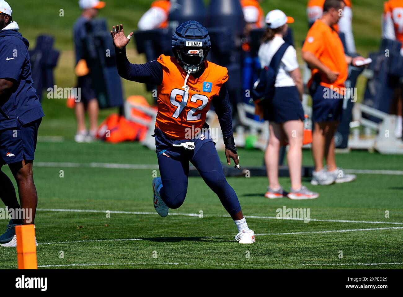 Denver Broncos linebacker Dondrea Tillman (92) takes part in drills ...
