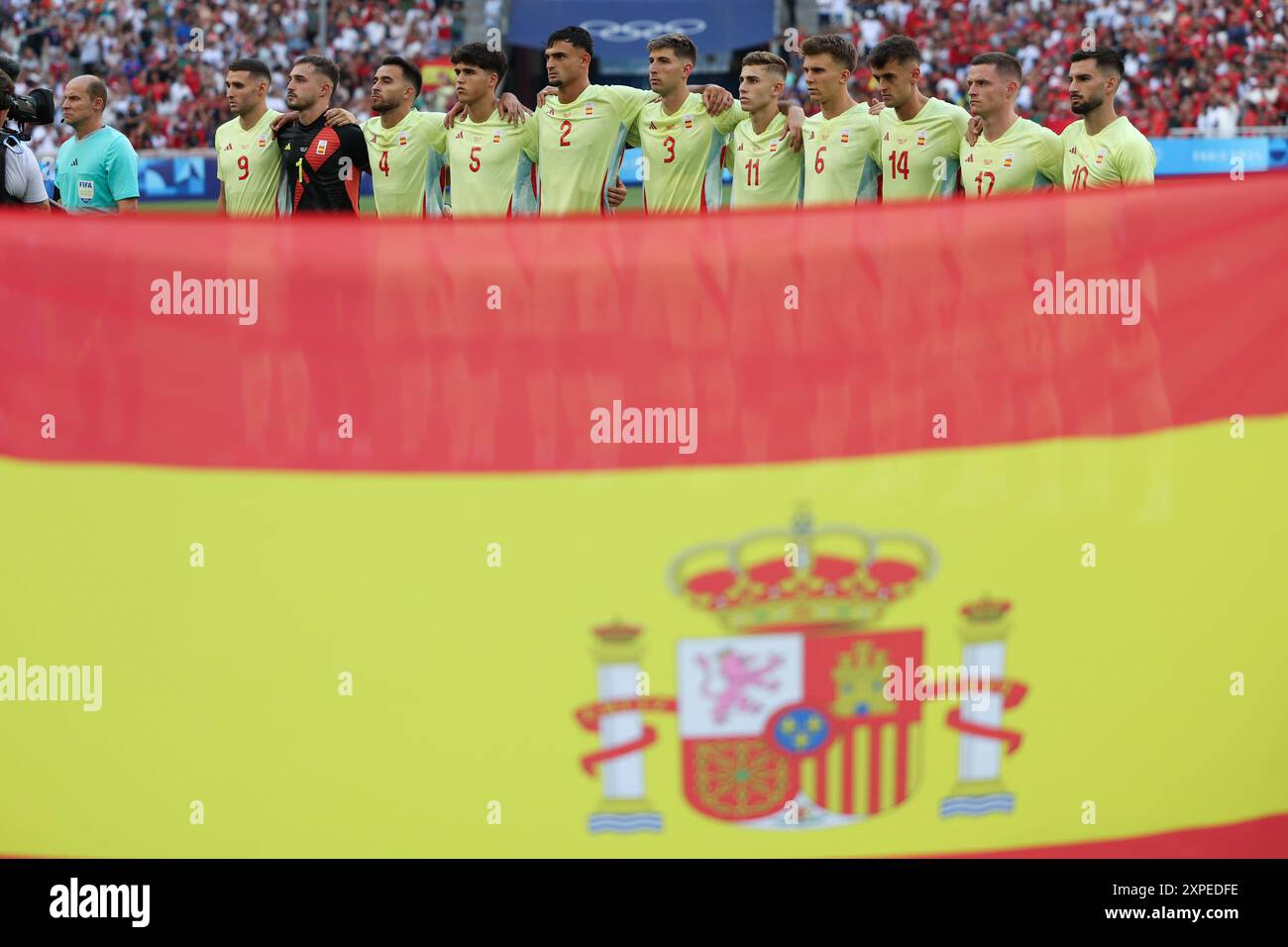 Marseille, France. 5th Aug, 2024. The starting lineup of team Spain is ...