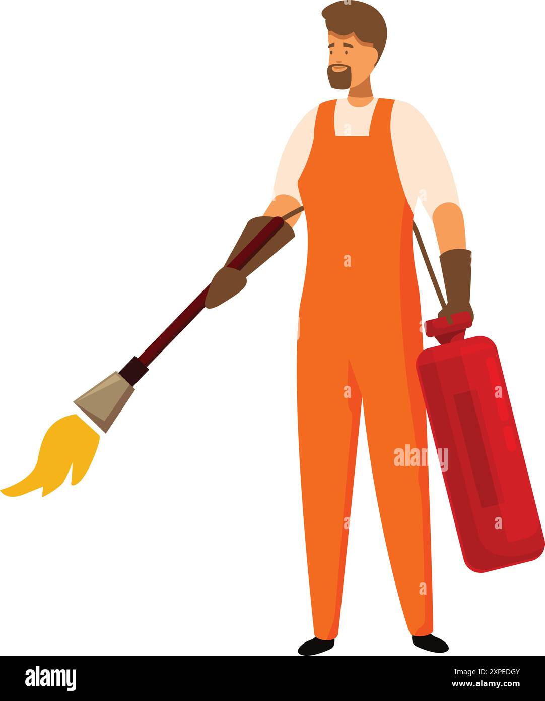 Pest control worker wearing orange overalls, holding a gas cylinder and ...
