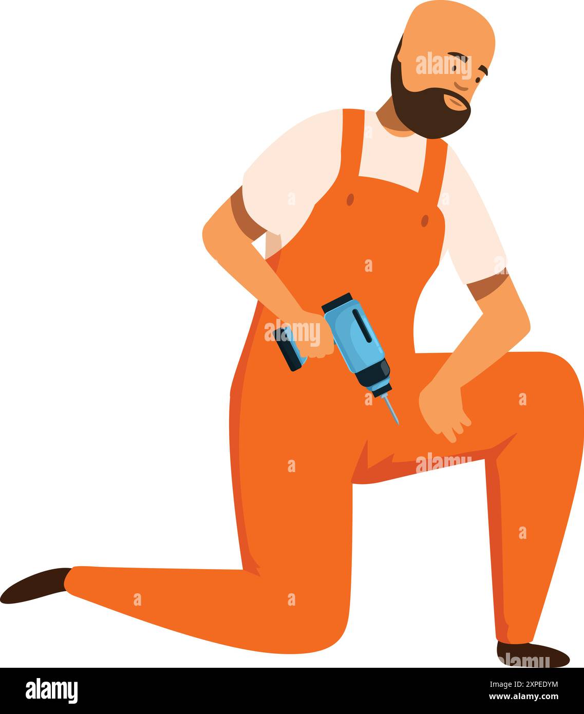 Construction worker wearing orange overalls kneeling and using a ...