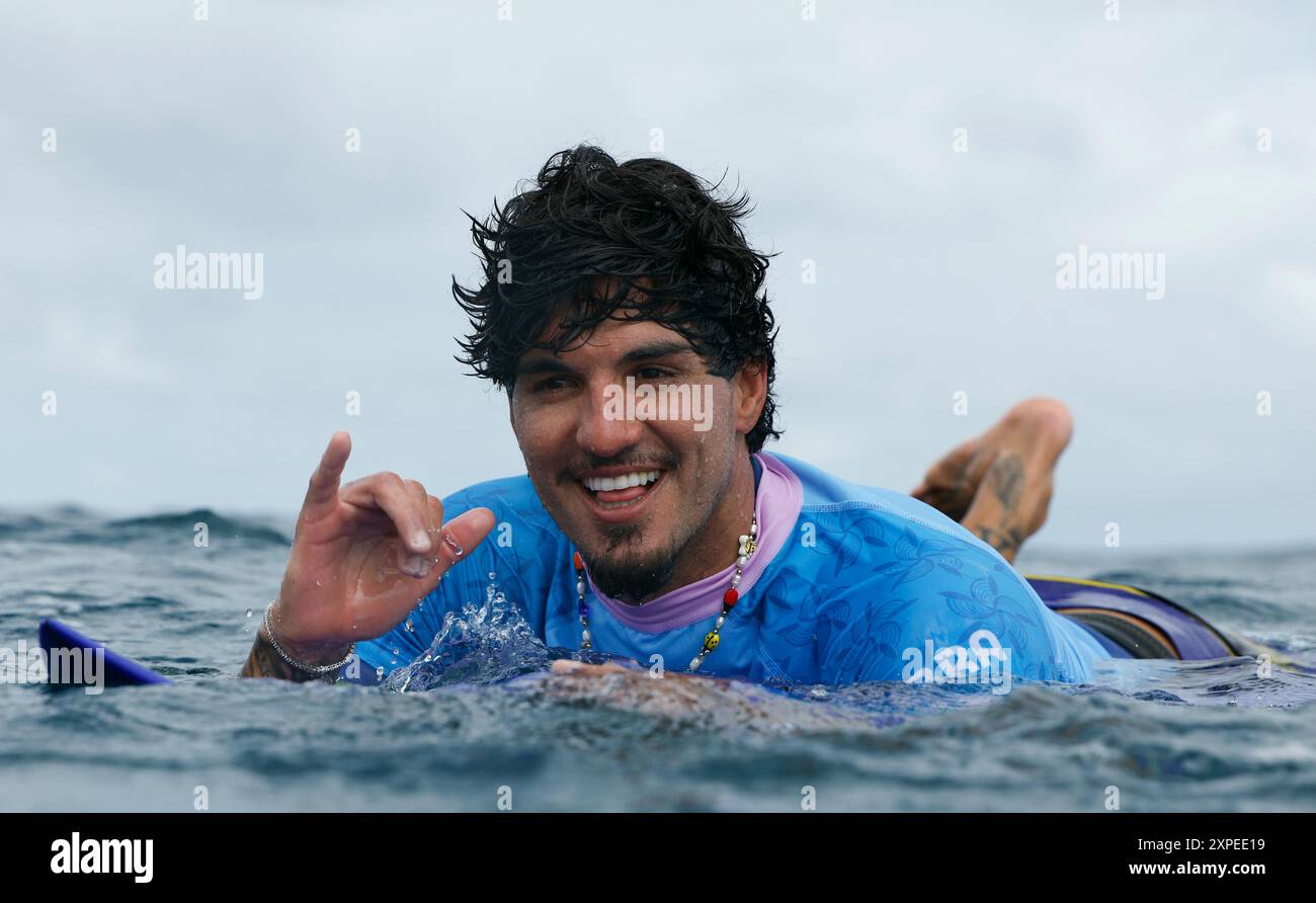 Brazil's Gabriel Medina reacts after getting the bronze in the bronze ...