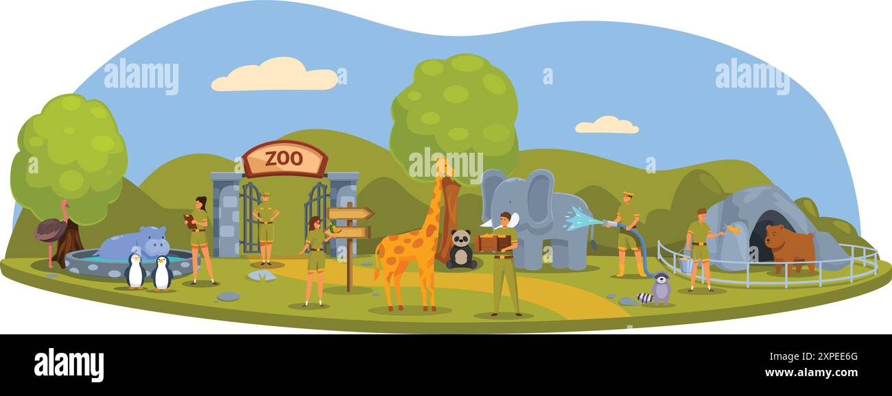 Zoo workers taking care of wild animals living in open air enclosures ...