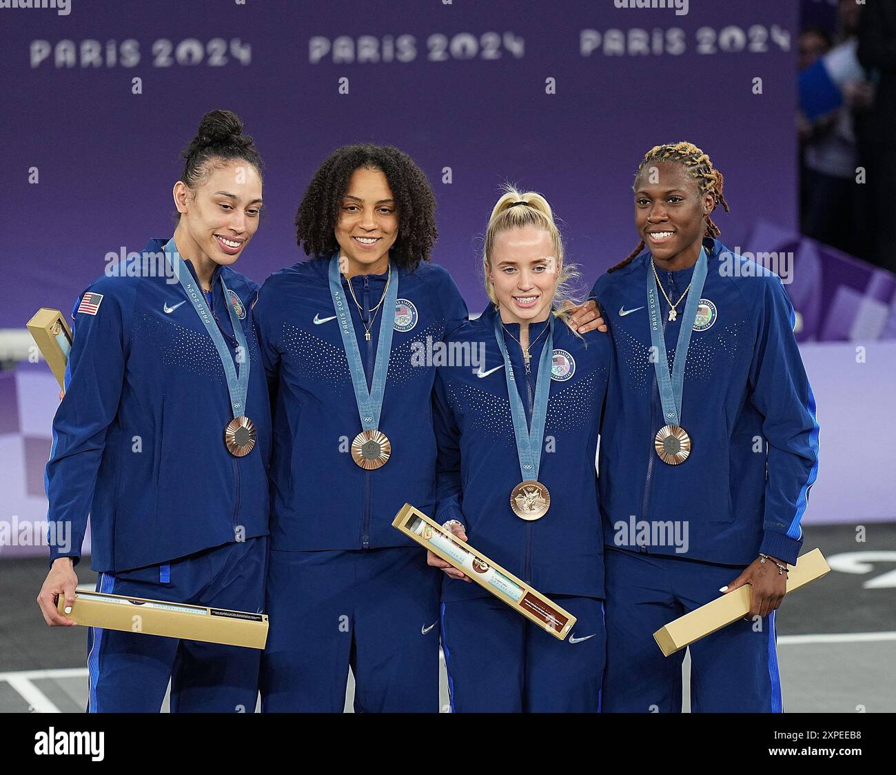 Paris, France. 5th Aug, 2024. Bronze medalists team USA attend the victory ceremony for women's ...