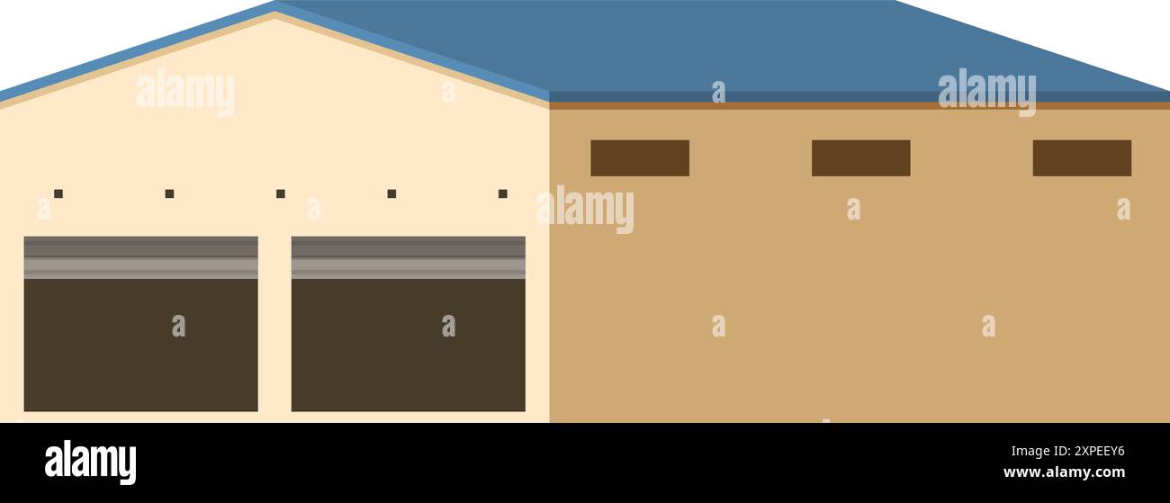 Illustration featuring a large beige warehouse building with a blue ...