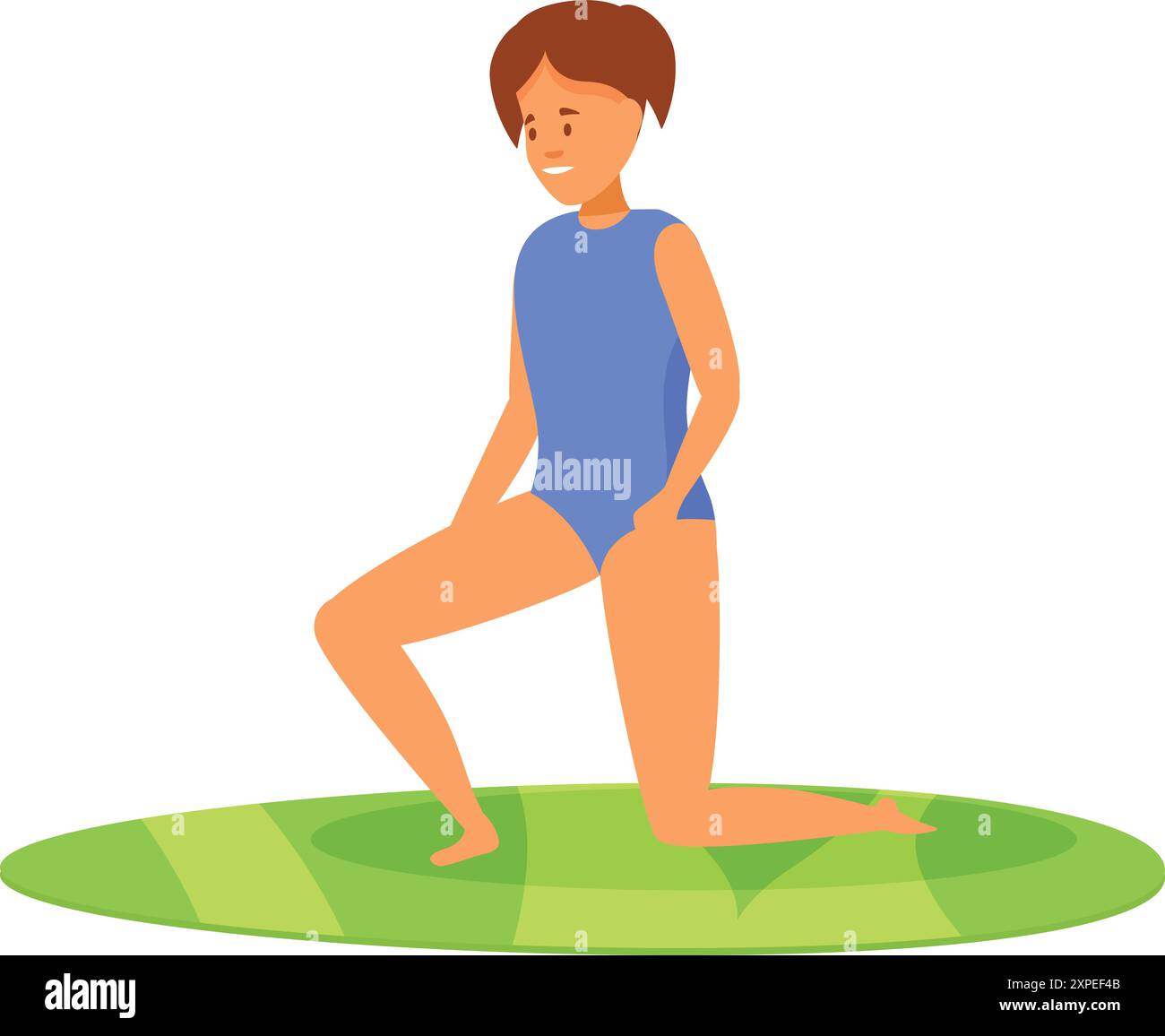 Young woman in a blue swimsuit is kneeling on a green yoga mat ...