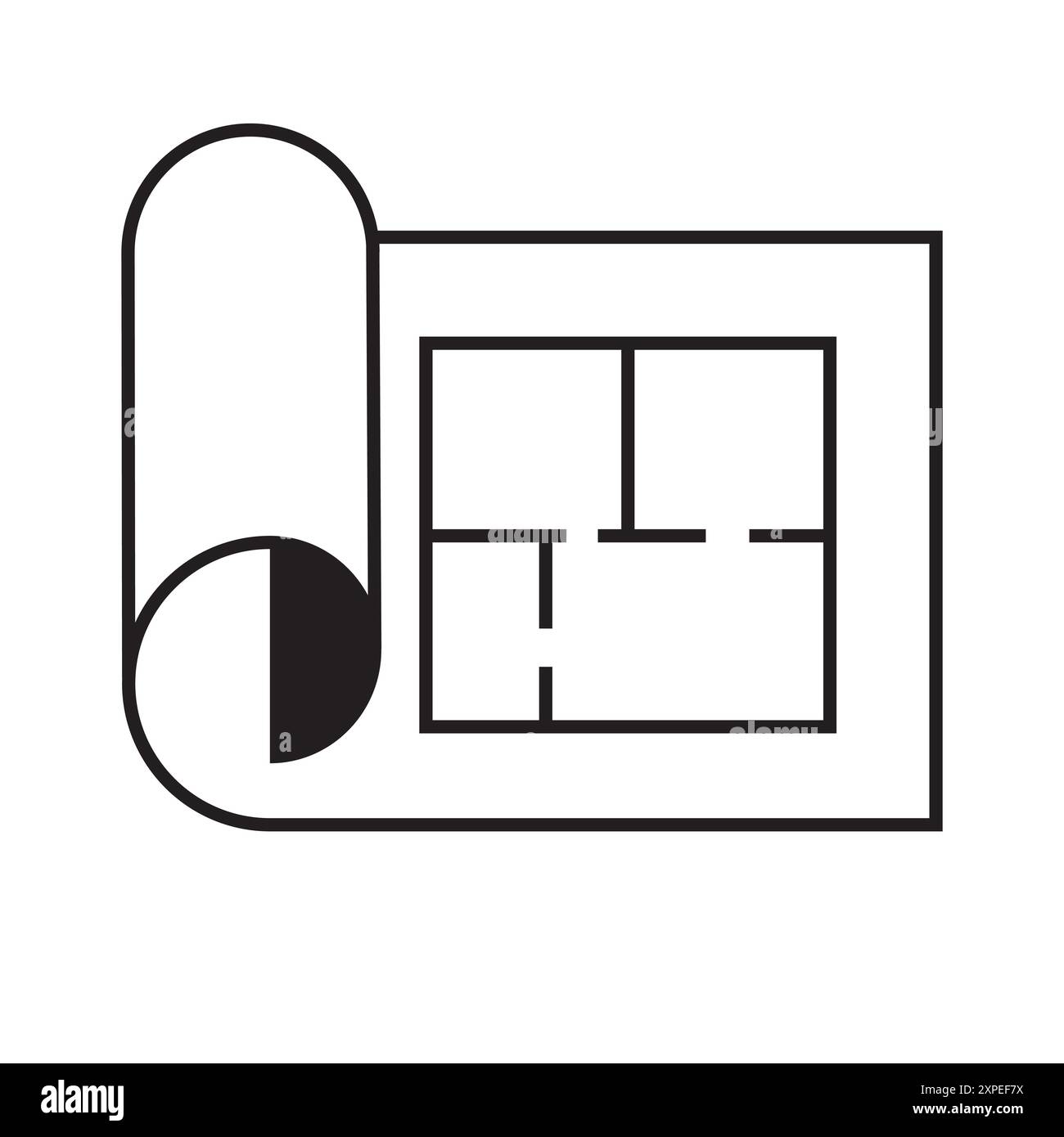 Rolled floor plan. Black outline drawing. Architectural Vector symbol ...