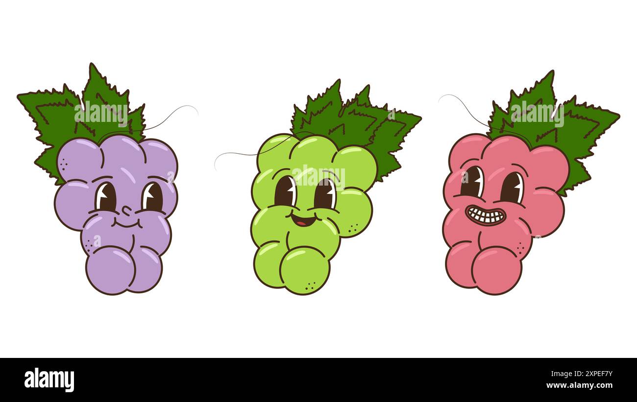 Fruits and berries in groovy style set. Grapes are different colors ...