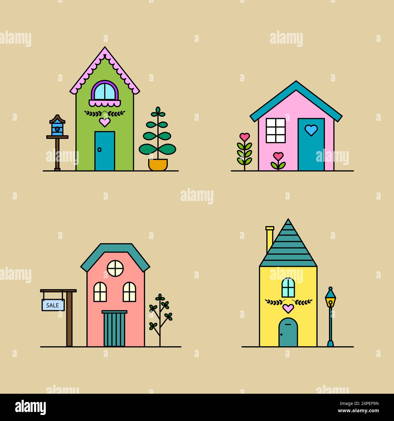 Colorful house icons. Cute cartoon buildings. Vector home illustrations ...