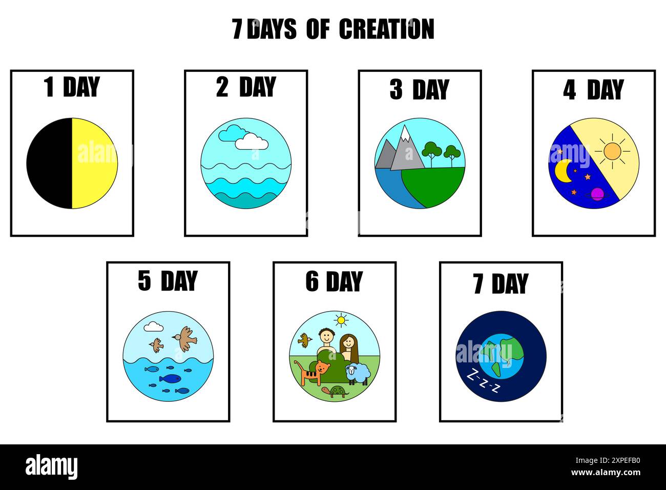 Seven days creation. Colorful biblical sequence. Educational vector ... Seven days creation. Colorful biblical sequence. Educational vector ...