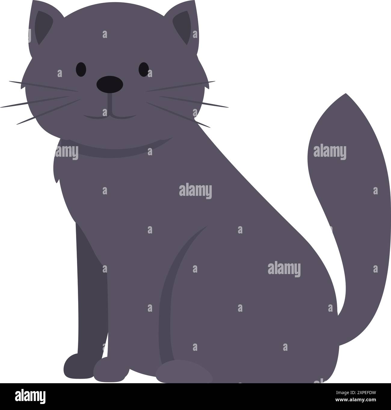 Cartoon illustration of a grey cat sitting calmly with its tail raised ...