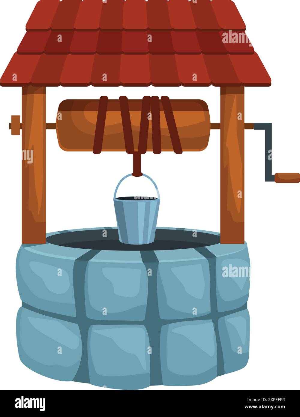 Old stone water well with wooden roof and bucket hanging over dark ...