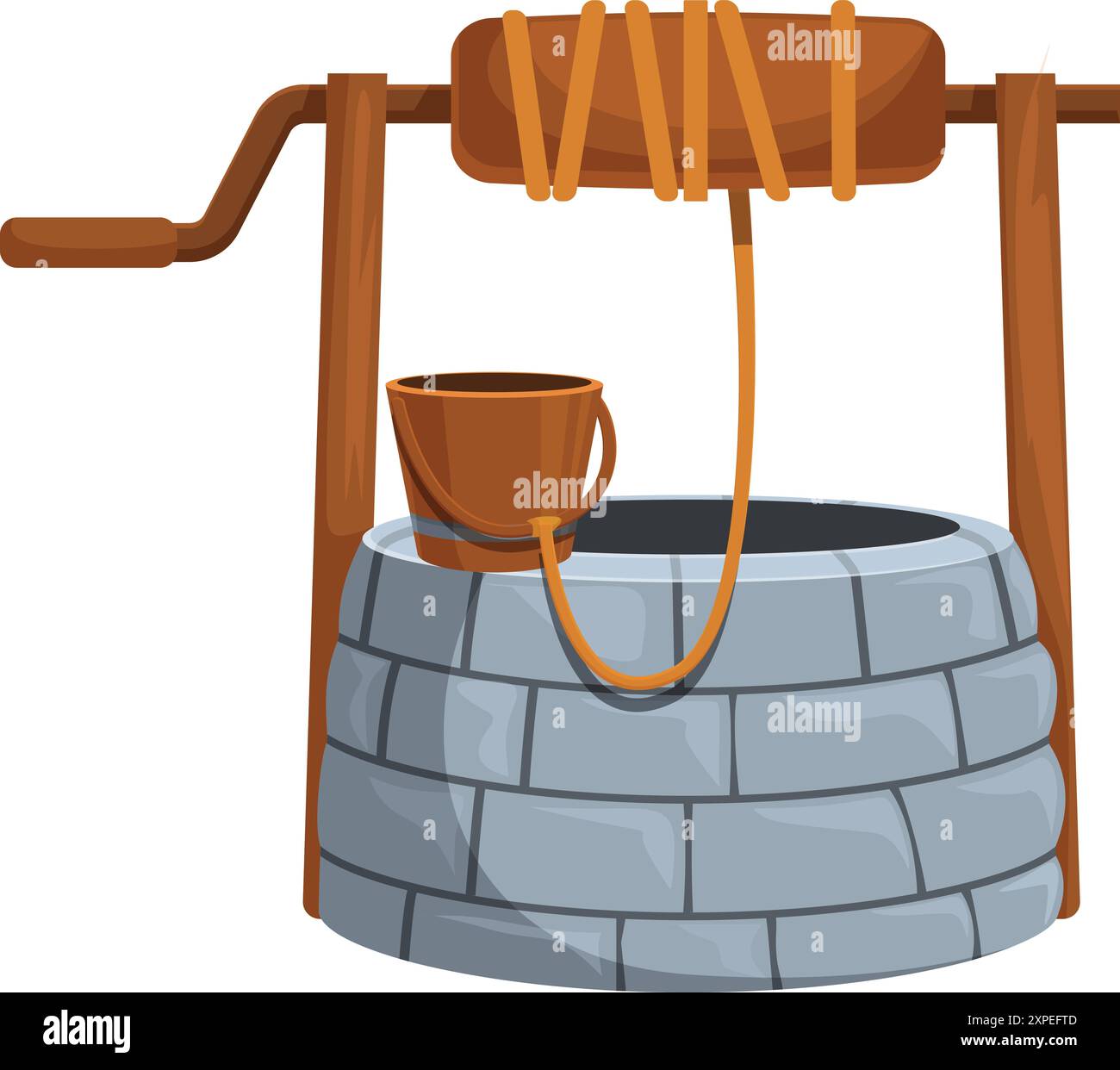 Traditional stone well with a wooden frame and a bucket hanging down on ...