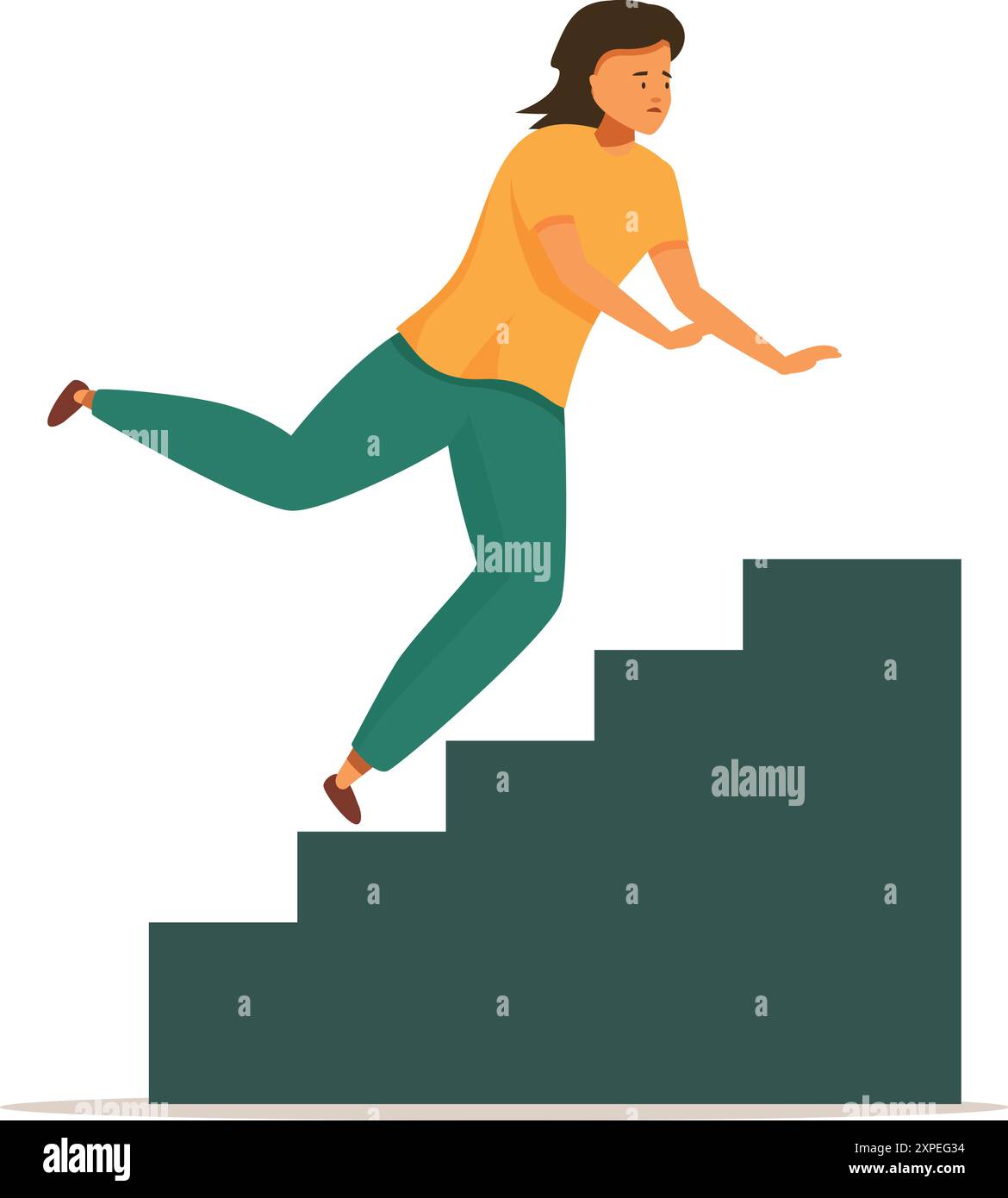 Young woman is falling down the stairs, she is trying to keep her ...