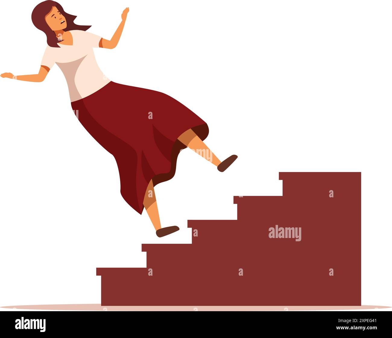 Woman is falling down the stairs, she is trying to keep her balance but ...