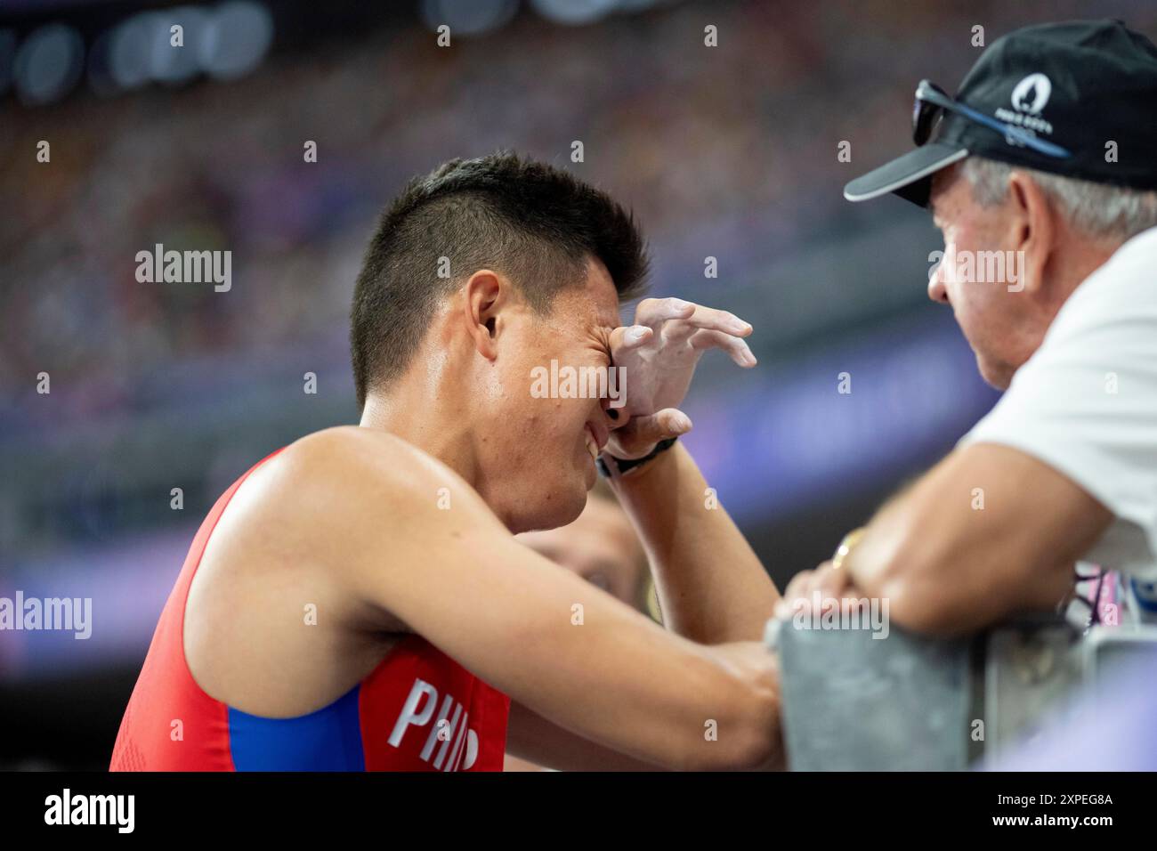 Ernest John Obiena, of Philippines, reacts after missing an attempt during the men's pole vault ...