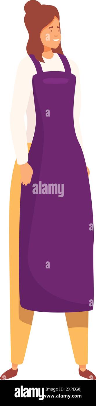 Young woman wearing apron standing and smiling, cartoon character ...