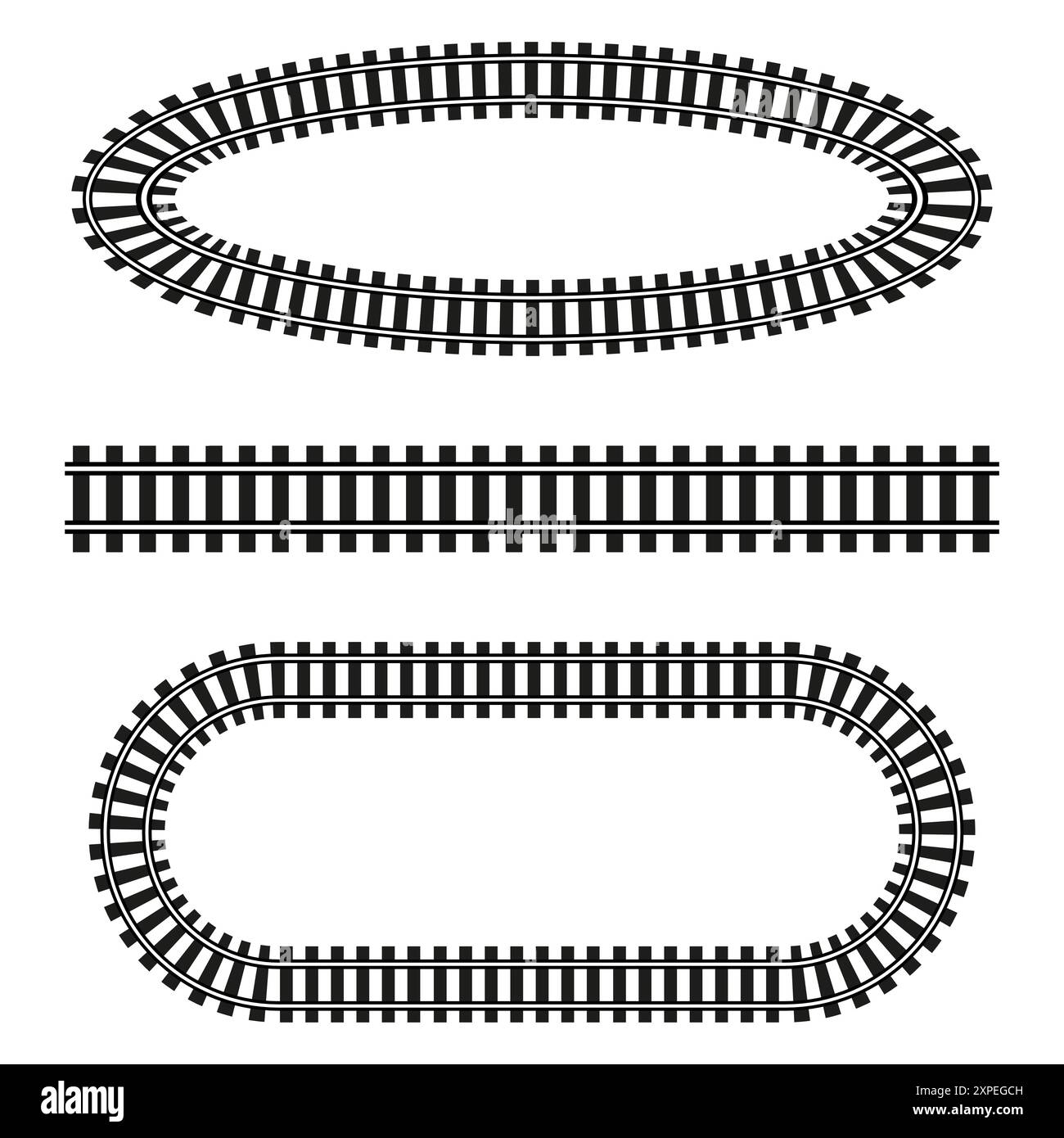 Railroad track vector set. Oval, straight, and rectangular tracks. Black and white train rails ...