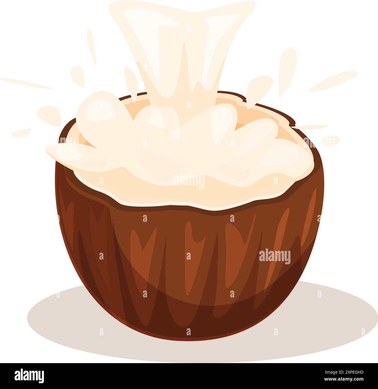 Fresh coconut milk splashing into a coconut shell, creating a ...