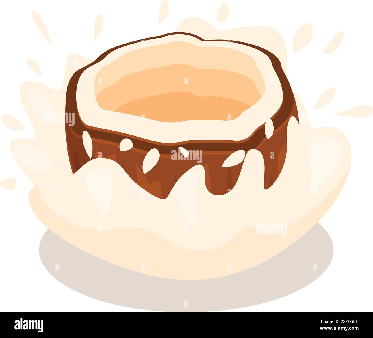 Coconut milk splashing around half of coconut shell filled with coconut ...