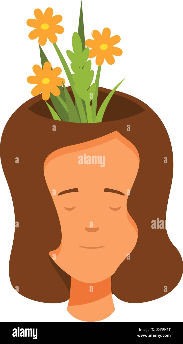 Illustration of a woman growing flowers inside her head, representing ...