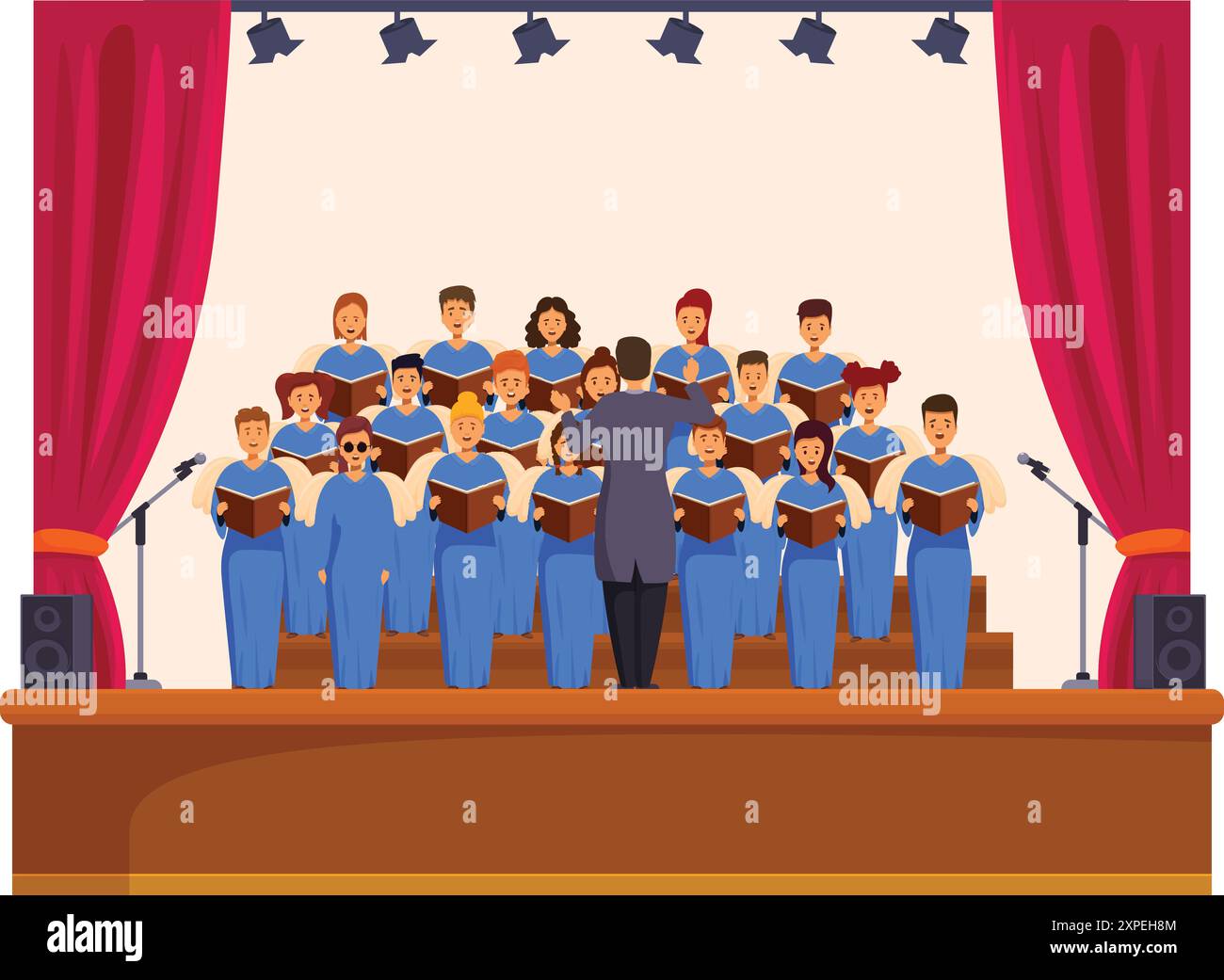 Choir is performing on stage, singing in unison and holding songbooks ...