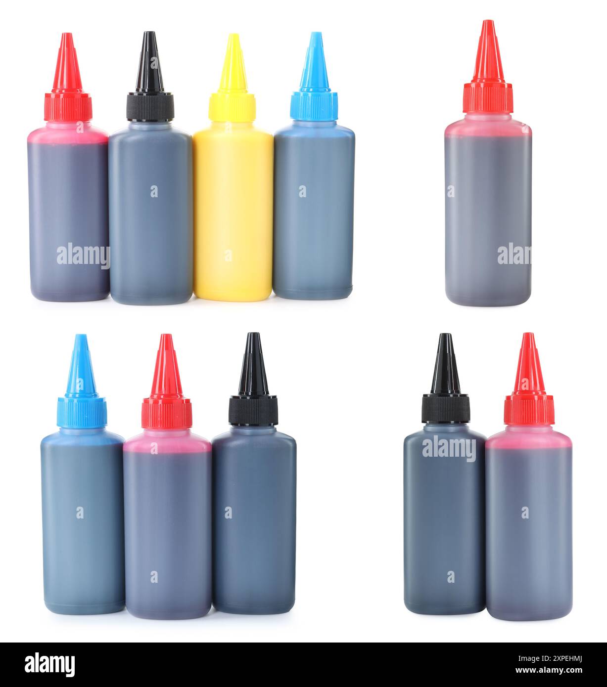 Printer ink of different colors in bottles isolated on white, set Stock ...
