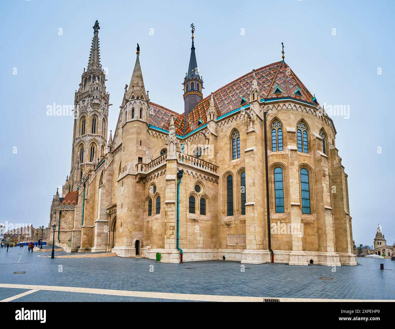 Scenic Gothic Matthias Church with its colorful tiled roof, the symbol ...