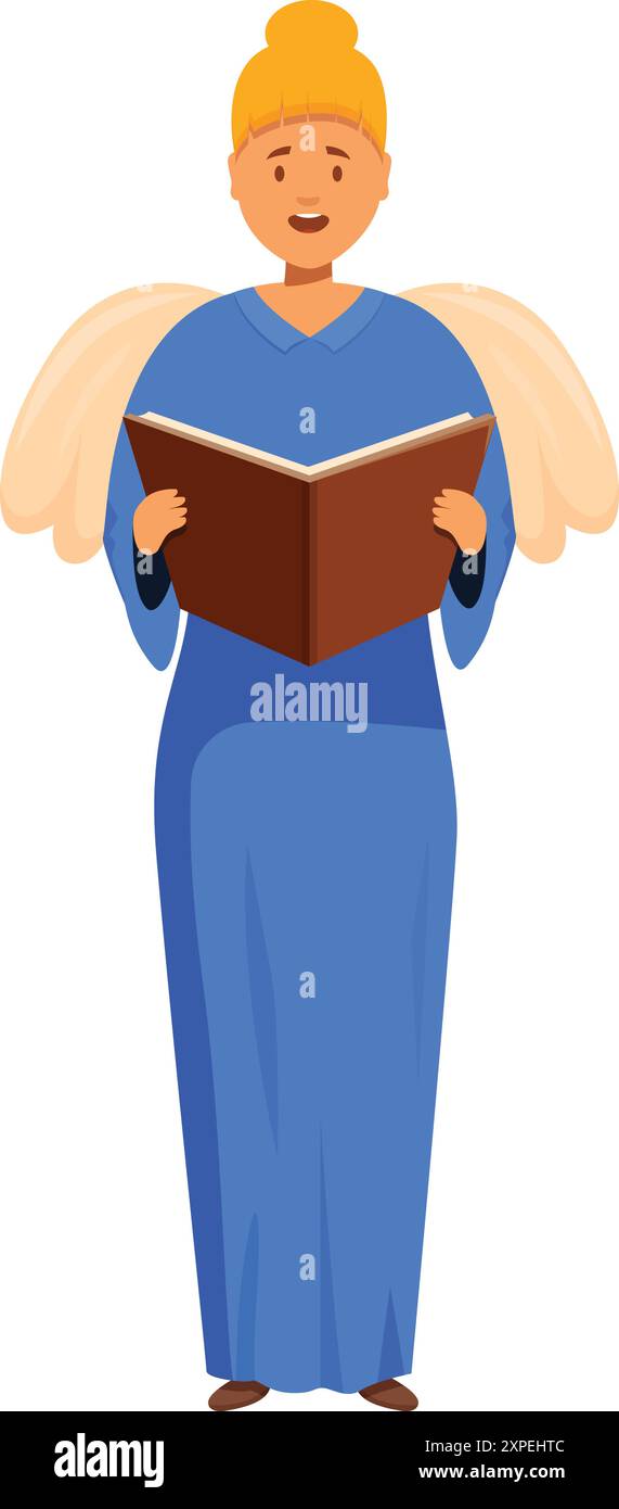 Choir singer woman character in blue dress with wings is standing and ...