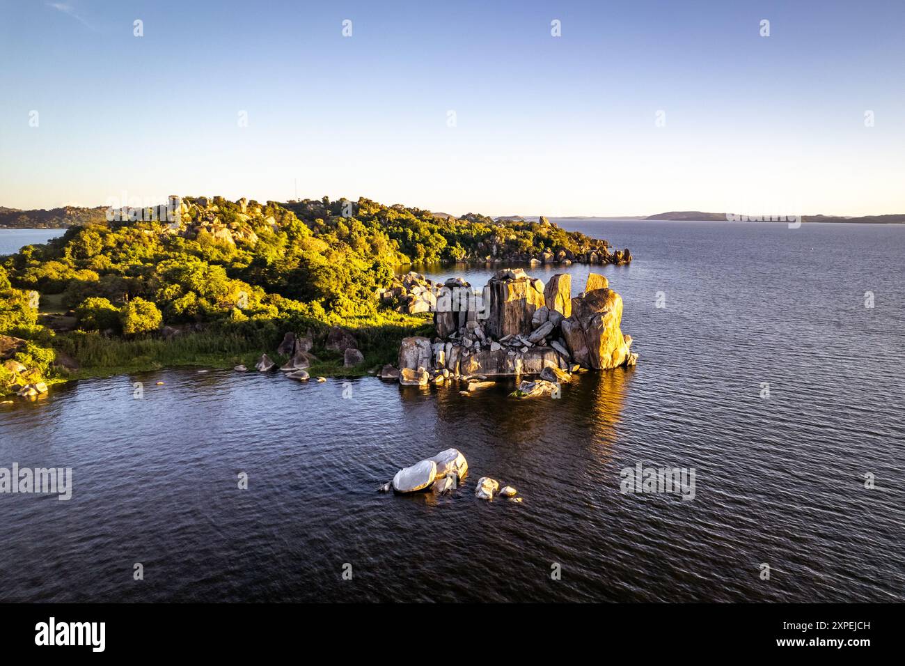 Aerial drone photo during sunset Lake Victoria, Mwanza, City of Rocks ...