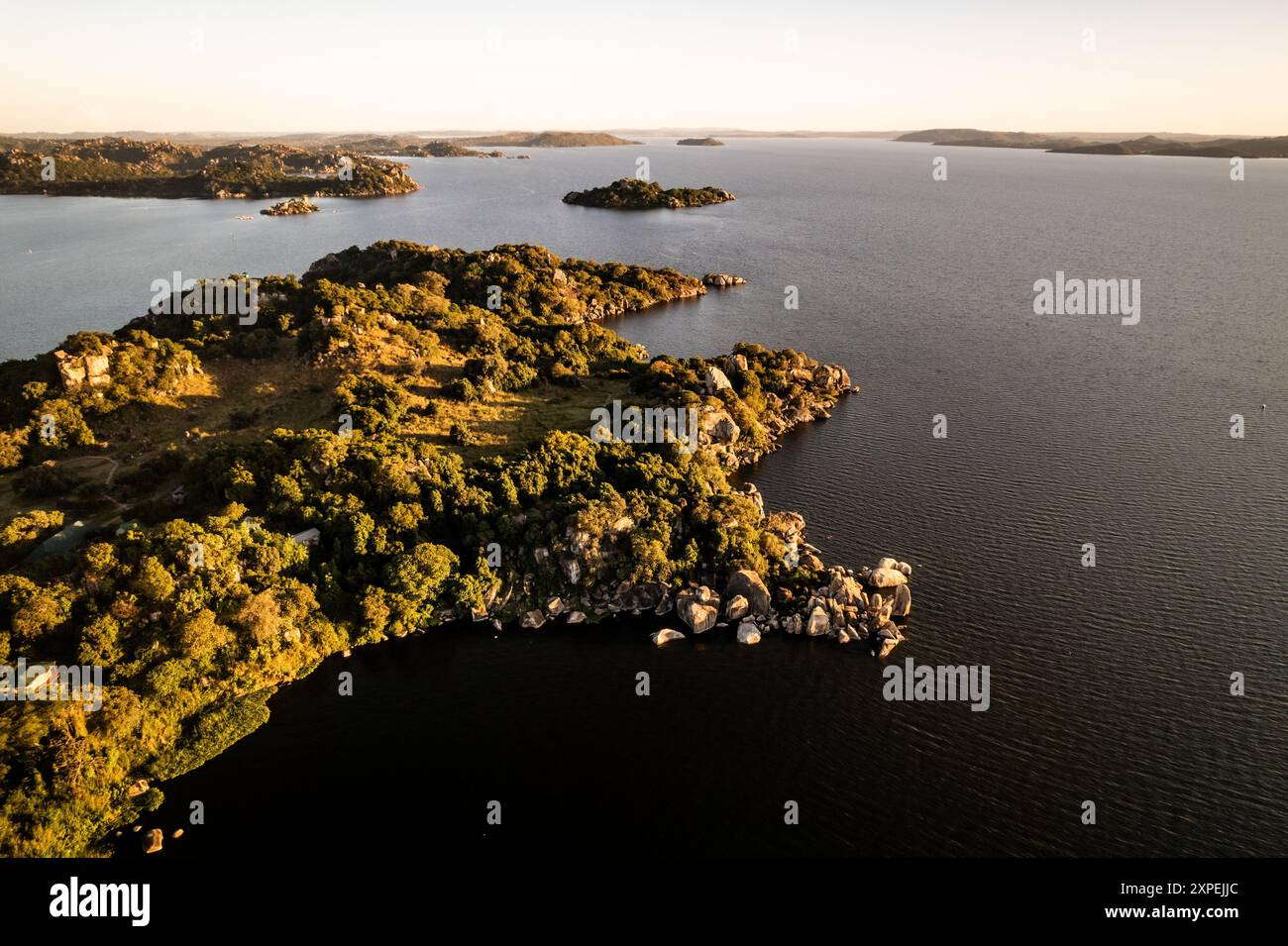 Aerial drone photo during sunset Lake Victoria, Mwanza, City of Rocks ...