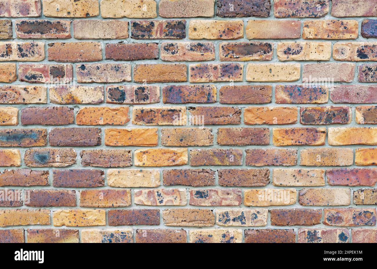 multi colored brick wall with a grungy appearance and cement joints ...