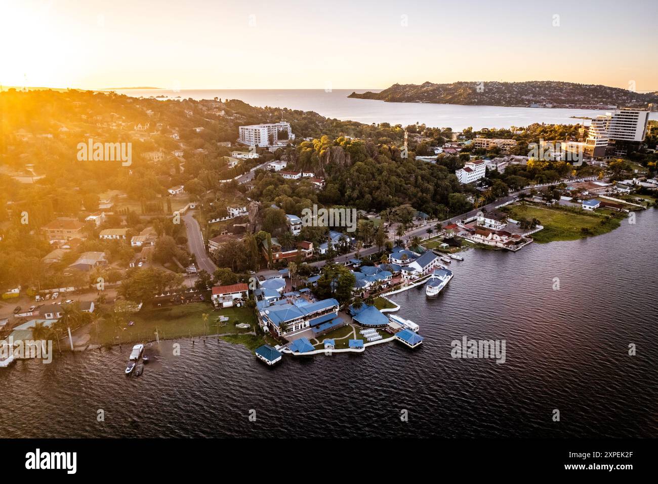 Aerial drone photo during sunset Lake Victoria, Mwanza, City of Rocks ...