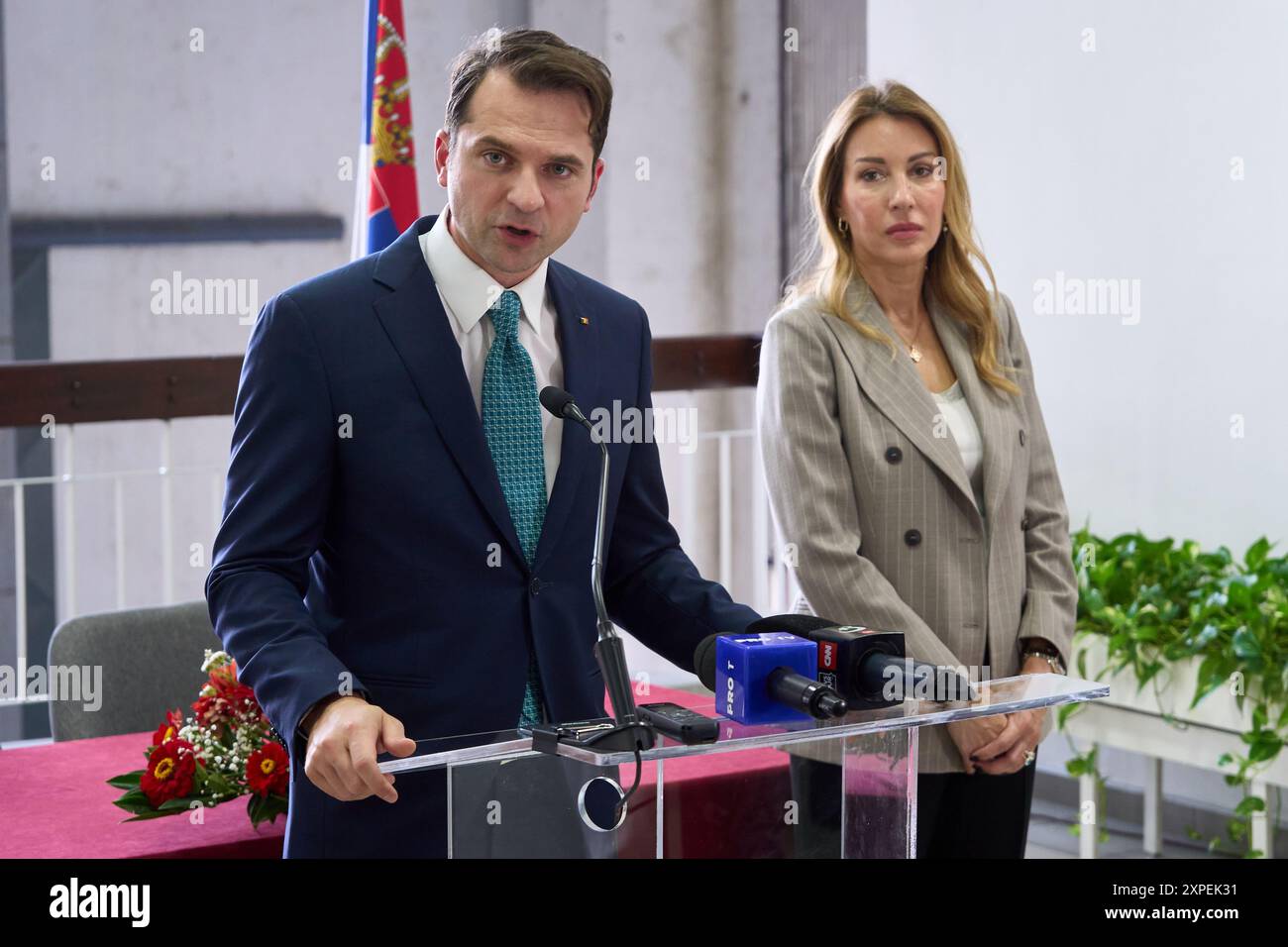 Novi Sip, Serbia. 5th Aug, 2024: Sebastian Burduja (L), Romanian ...