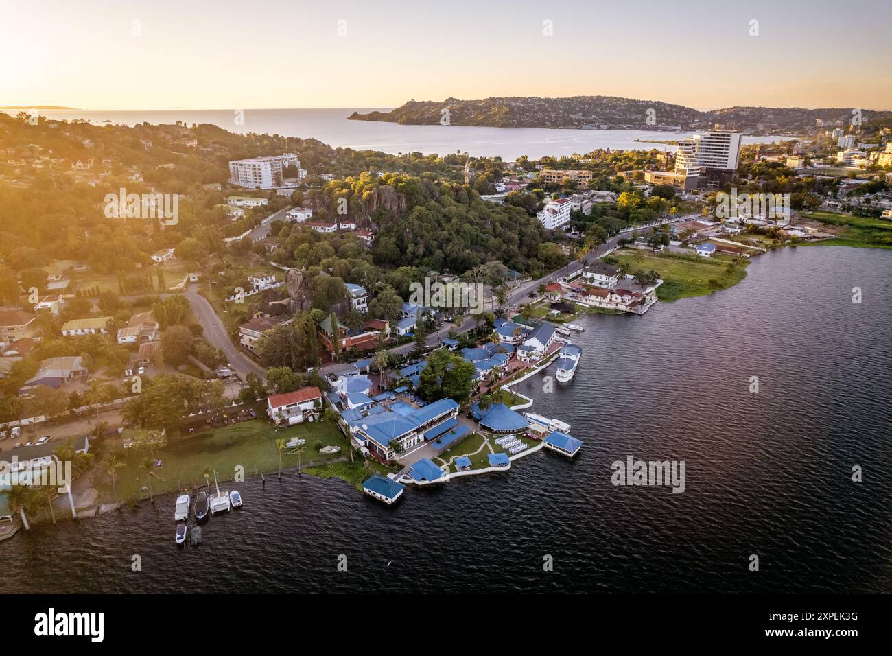 Aerial drone photo during sunset Lake Victoria, Mwanza, City of Rocks ...