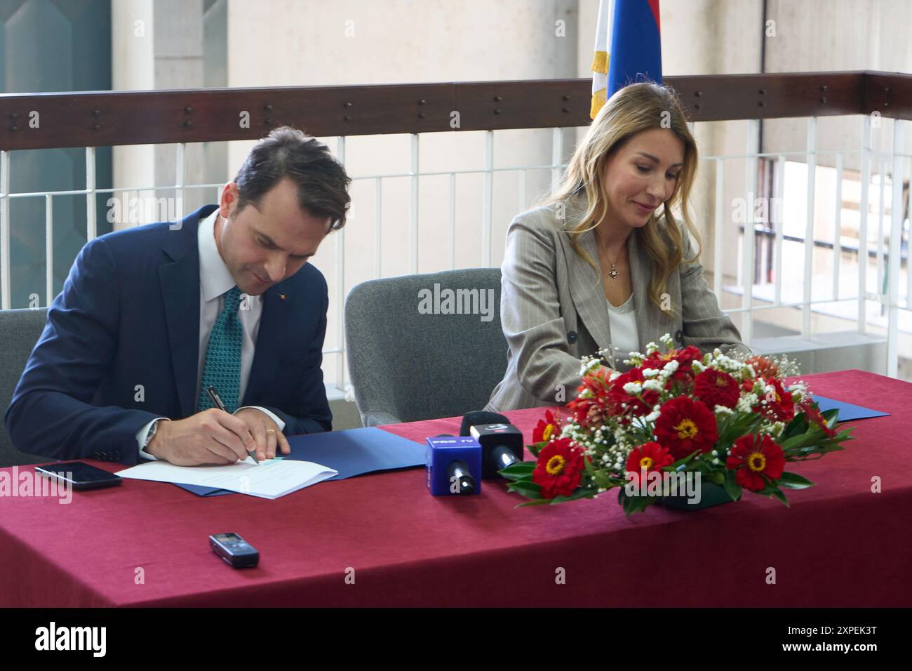 Novi Sip, Serbia. 5th Aug, 2024: Sebastian Burduja (L), Romanian ...