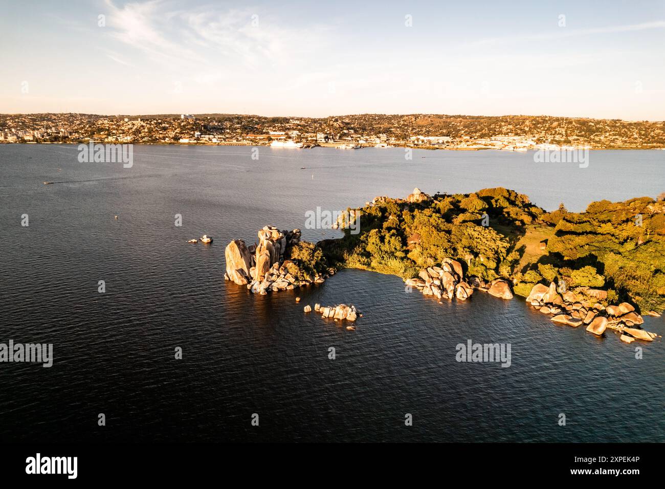 Aerial drone photo during sunset Lake Victoria, Mwanza, City of Rocks ...
