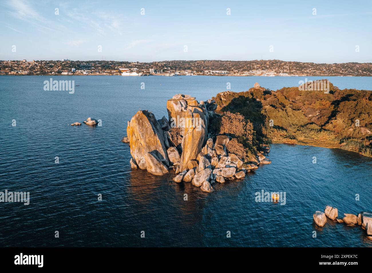 Aerial drone photo during sunset Lake Victoria, Mwanza, City of Rocks ...